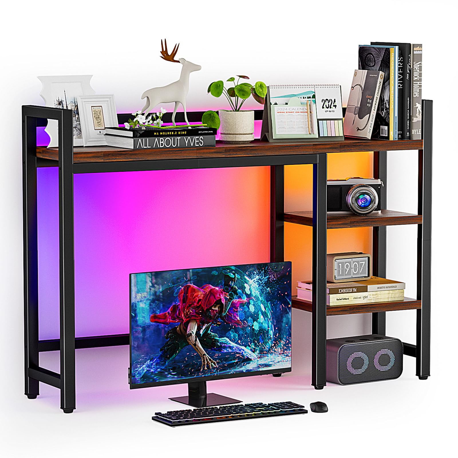 Amazon.com: Desk Hutch with Colorful RGB Lights, 4 Tier Desk Top Shelf ...