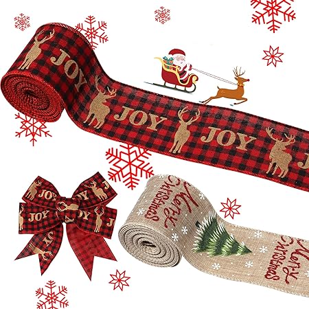 Amazon.com: Christmas Ribbon Wired 2.5’’ x 11 Yards,Red and Burlap ...