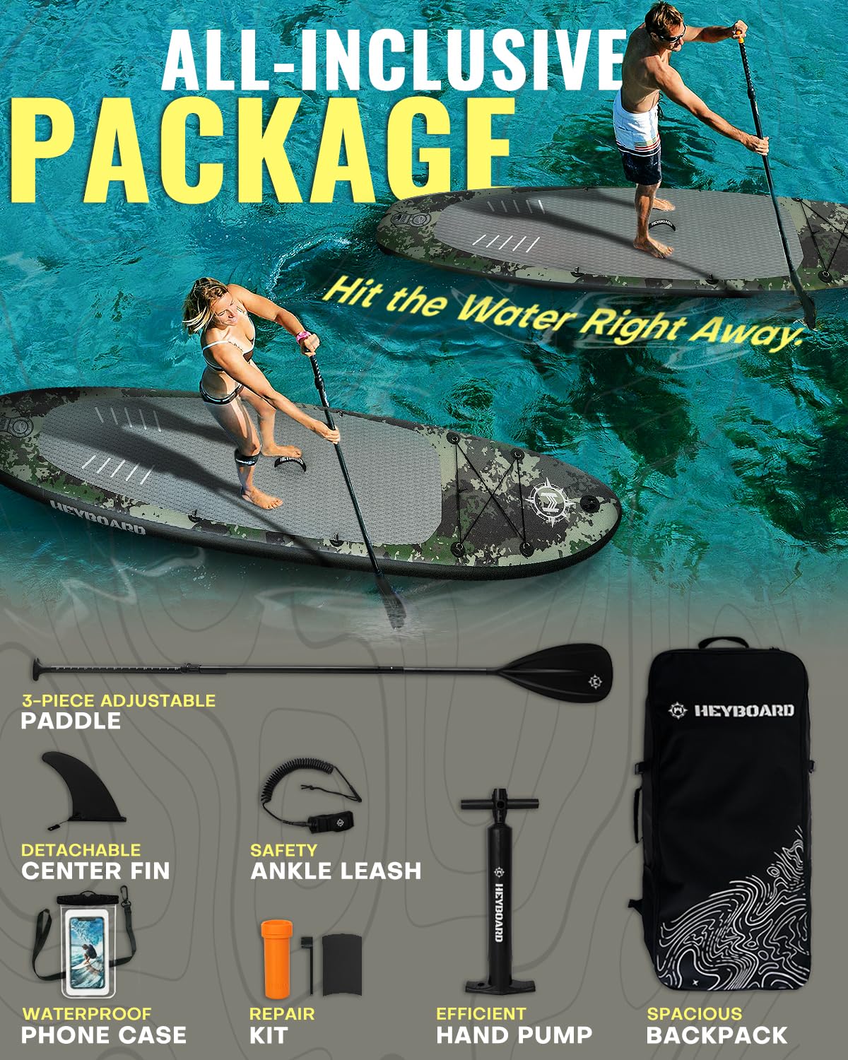 HEYBOARD Inflatable Stand Up Paddle Board 10'6"×32"×6" Standup ...