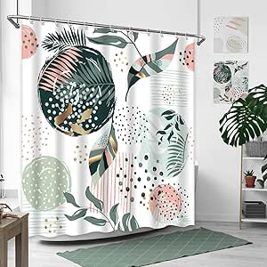 Amazon.com: loyapobo Green Shower Curtain Boho Tropical Leaves Abstract Mid Century Pink Gold ...