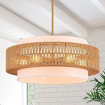 Widluth 23.6" Rattan Chandelier with Linen Farmhouse Vintage Boho Hand ...
