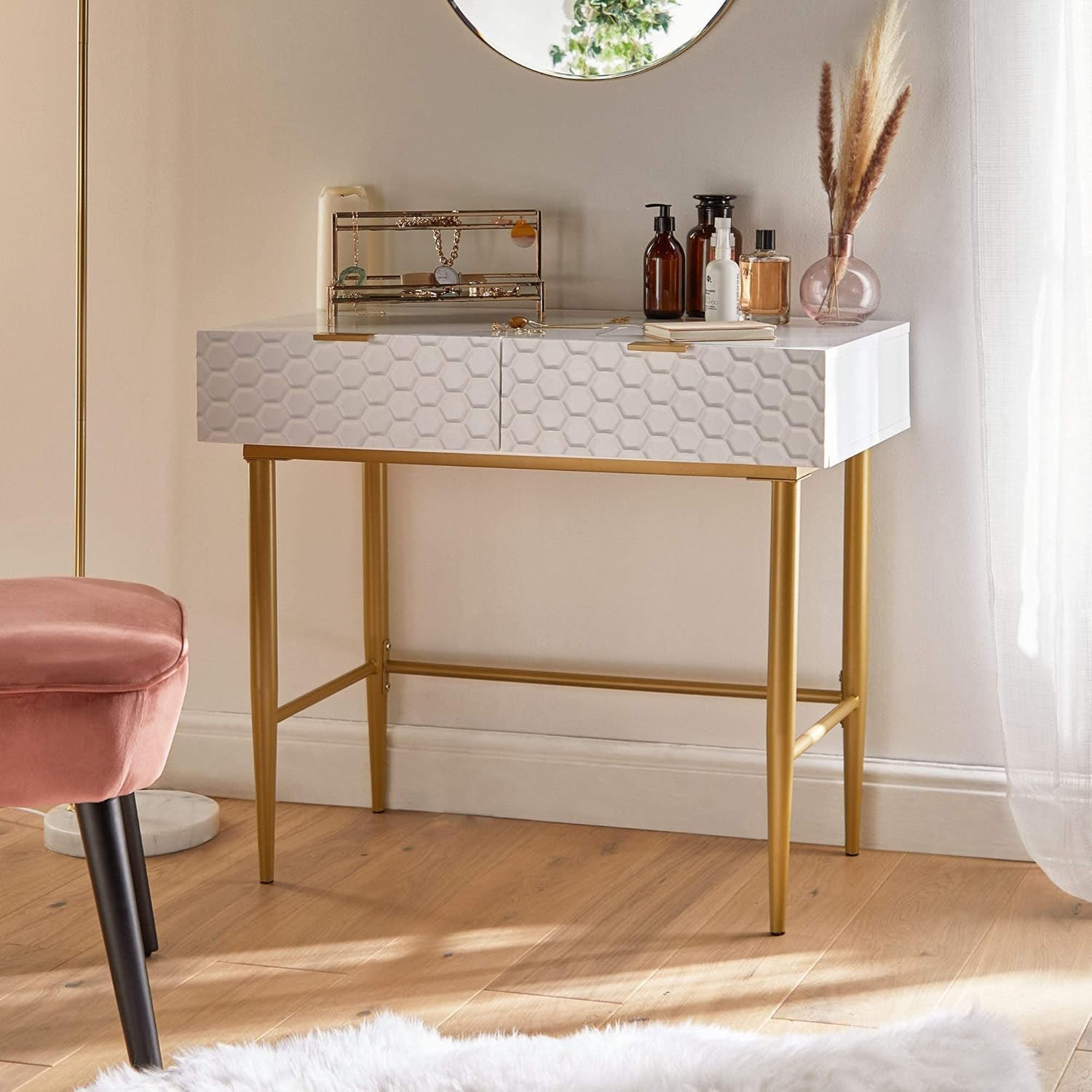 Buy Beautify White & Gold Dressing Table with 2 drawers – Honeycomb ...