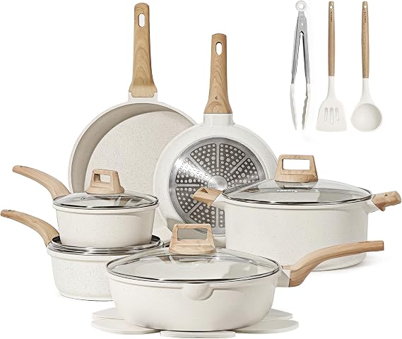 Amazon.com: CAROTE 16 Piece Pots and Pans Set Nonstick, White Granite ...