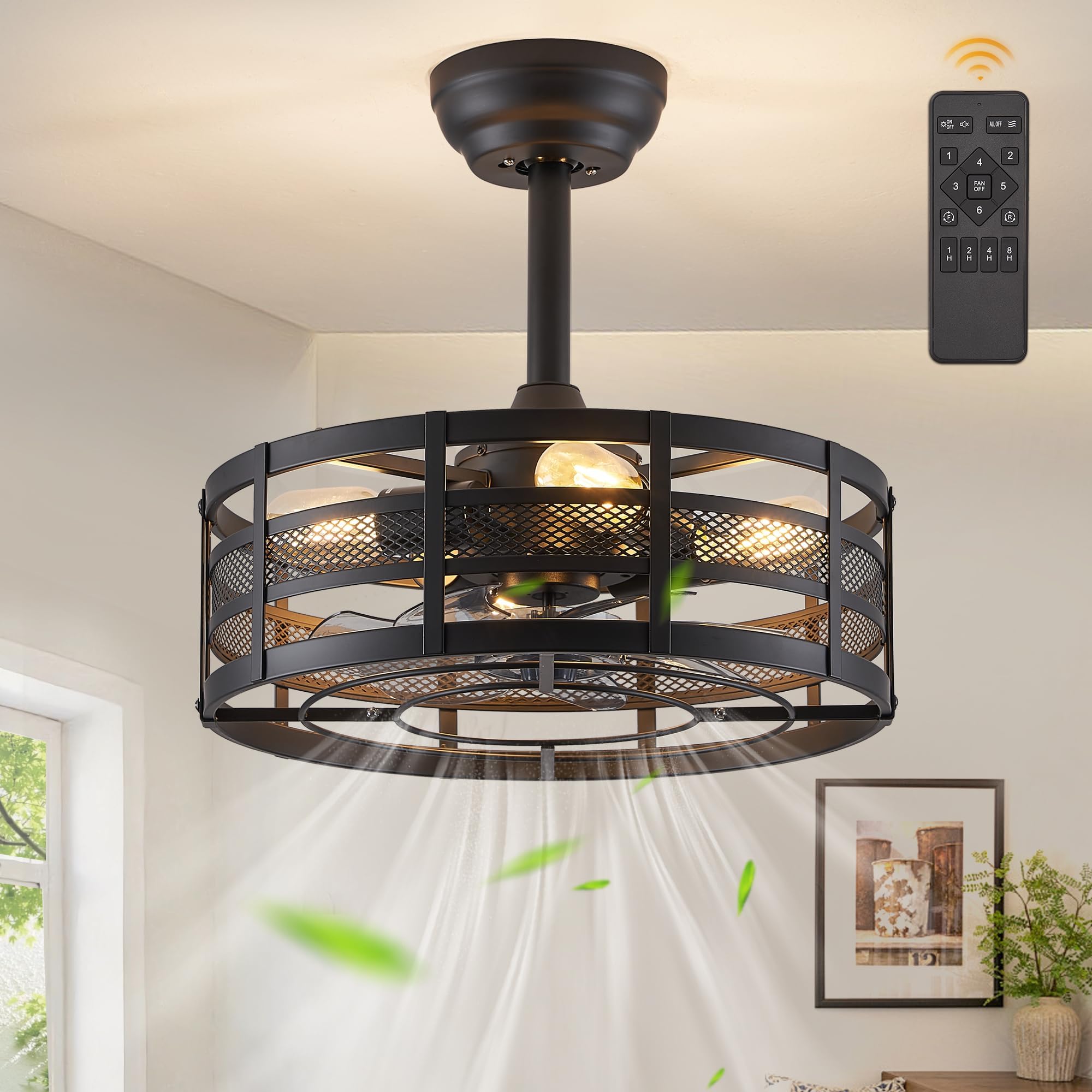 LEDIARY 23" Farmhouse Ceiling Fans with Lights - 6 Speeds Caged Ceiling ...