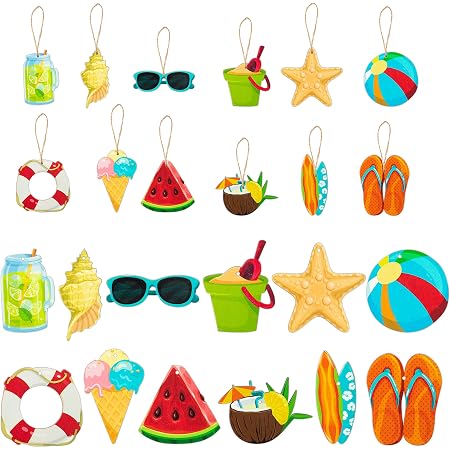 Amazon.com: 36 Pcs Summer Ornaments Wooden Beach Hanging Ornaments ...