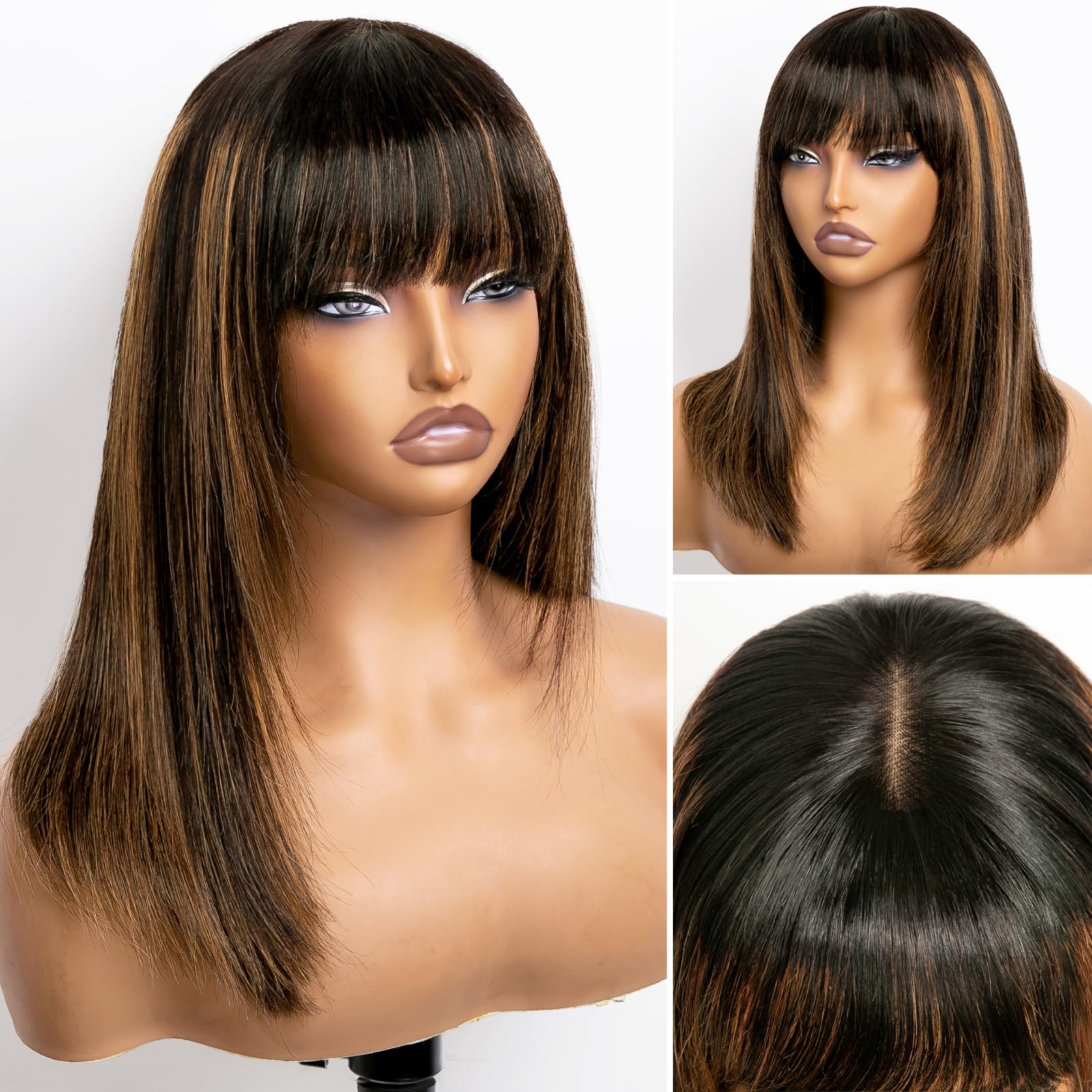 Amazon.com : Starmo Human Hair Wigs with Bangs Glueless Dark Brown ...