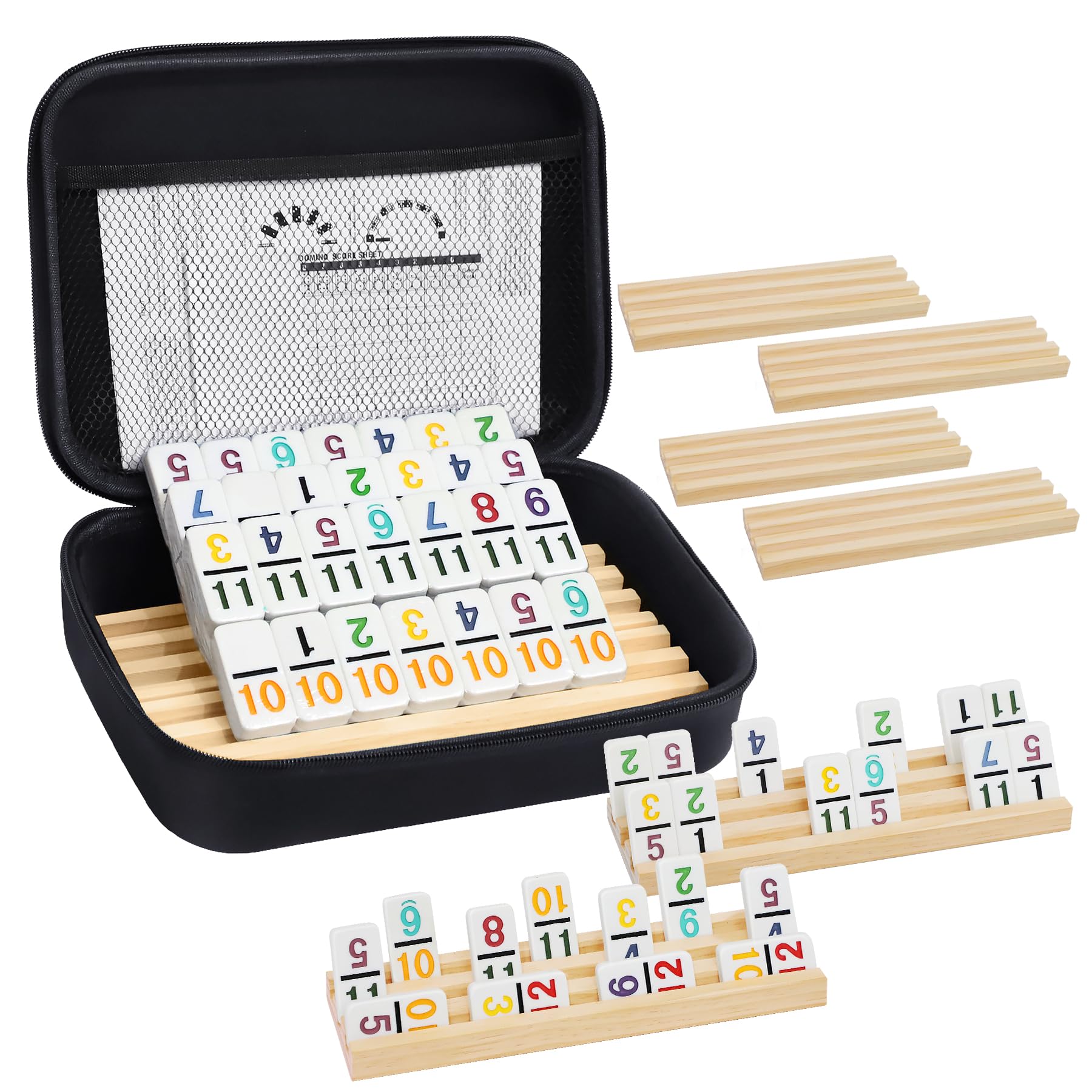 Amazon.com: Mexican Train Dominoes Set with Numbers and 8 Wooden Trays ...