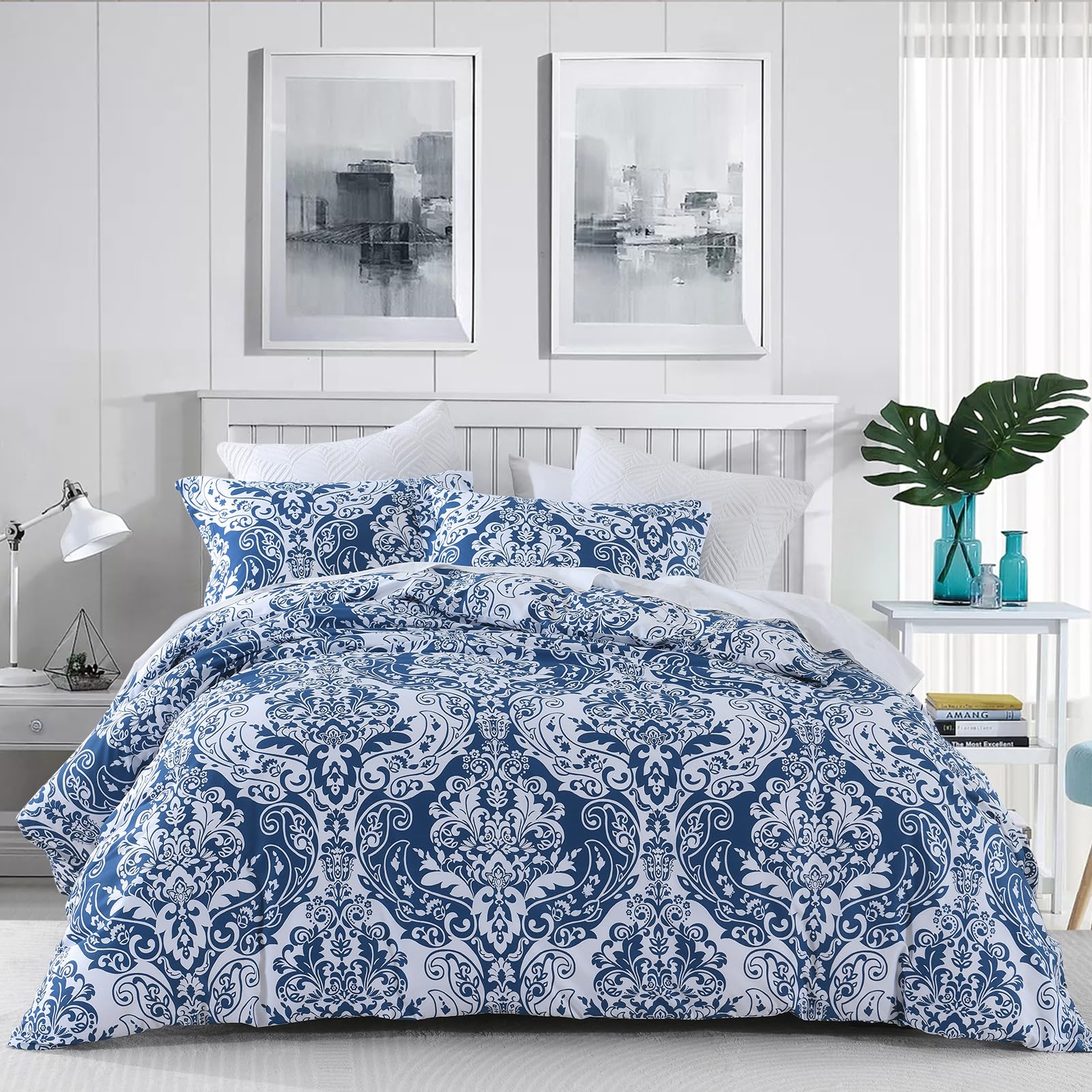 Amazon.com: Uniclinens Damask Duvet Cover Queen - Navy Blue Duvet Cover ...