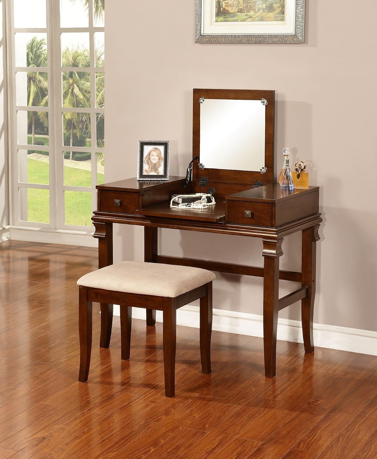 Amazon.com: FurnitureMaxx Angela Two Piece Vanity Set in Rich Walnut ...