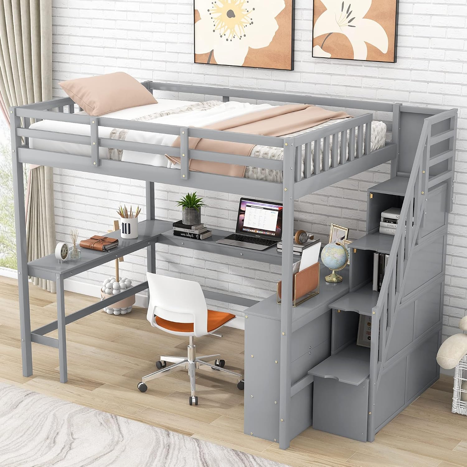 Amazon.com: Modern Full Size Loft Bed with Storage Shelves and Attached ...