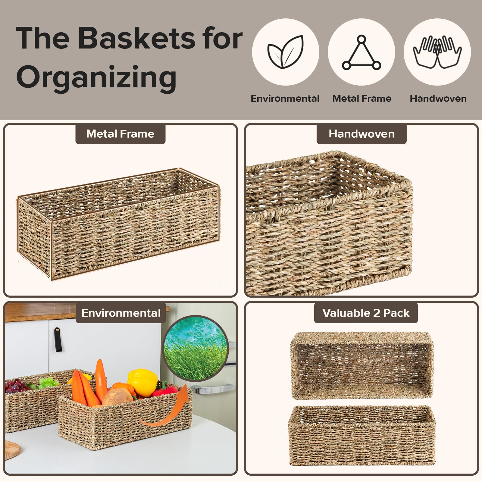 Natural Fiber Baskets 2 Pack Water Hyacinth Tank Topper Baskets - 16x6 ...