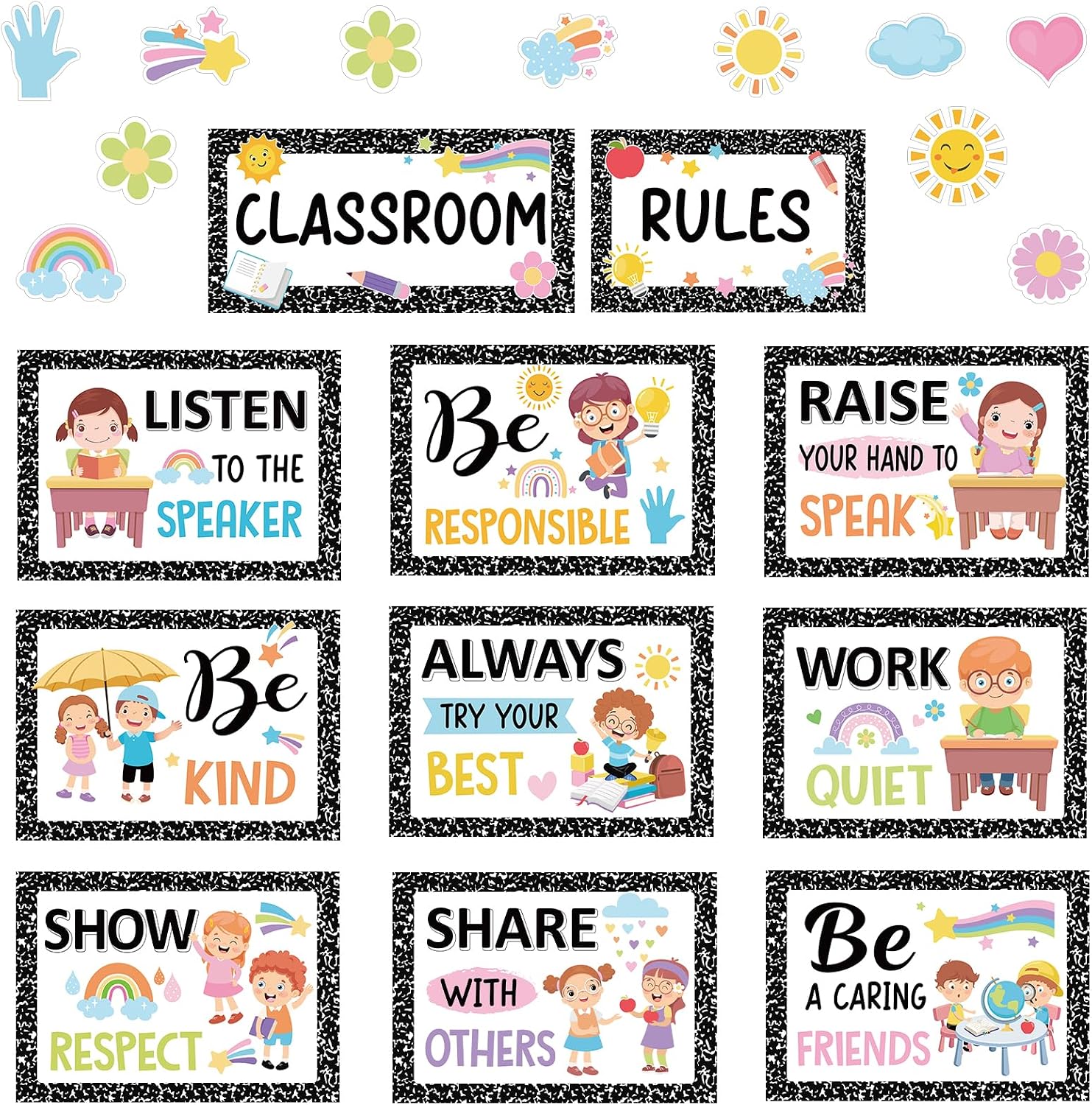 Amazon.com: Harloon 43 Pcs Classroom Rules Posters Composition Notebook ...