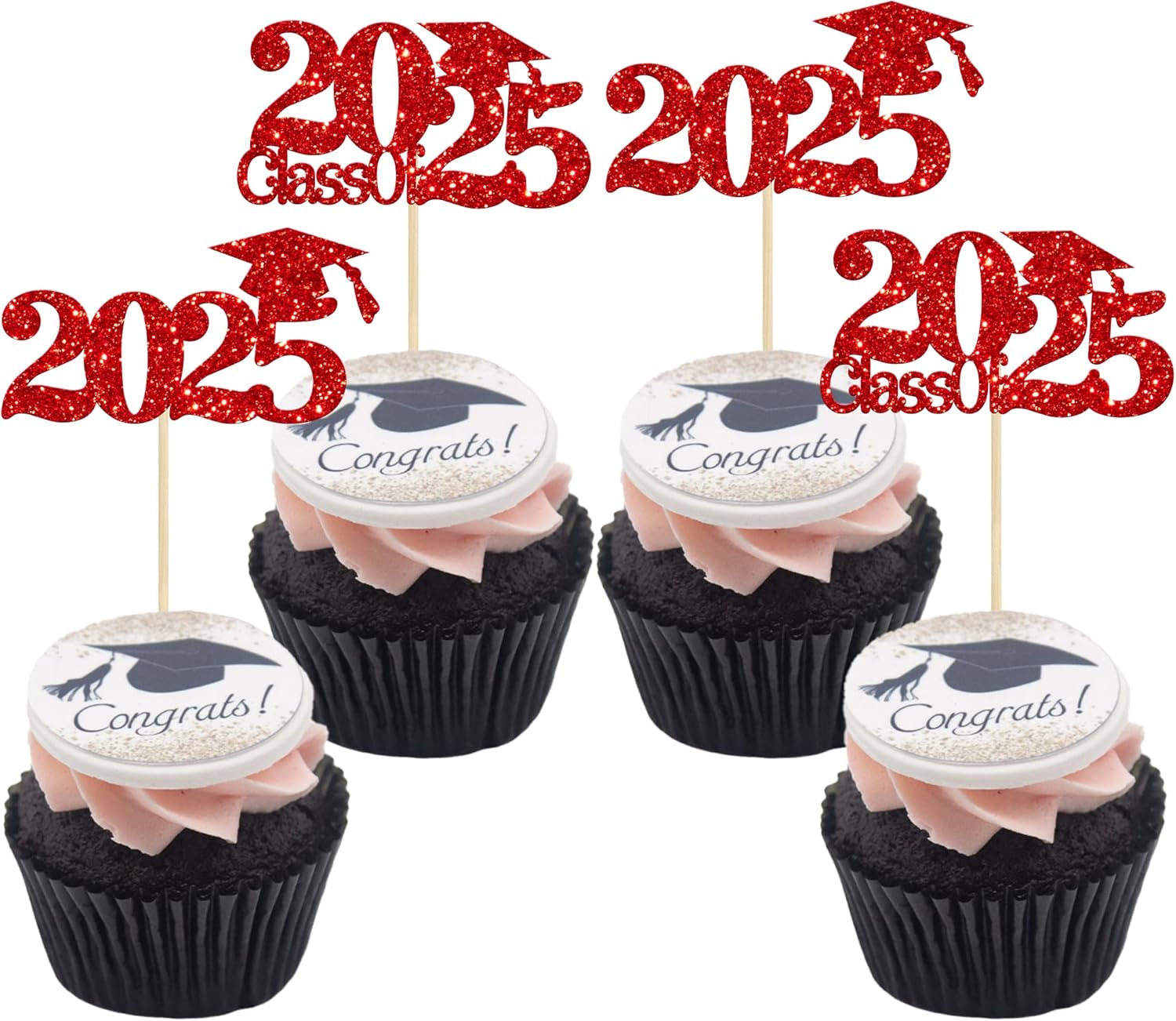 Amazon.com: Gyufise 24Pcs Class of 2025 Cupcake Toppers Red Glitter ...