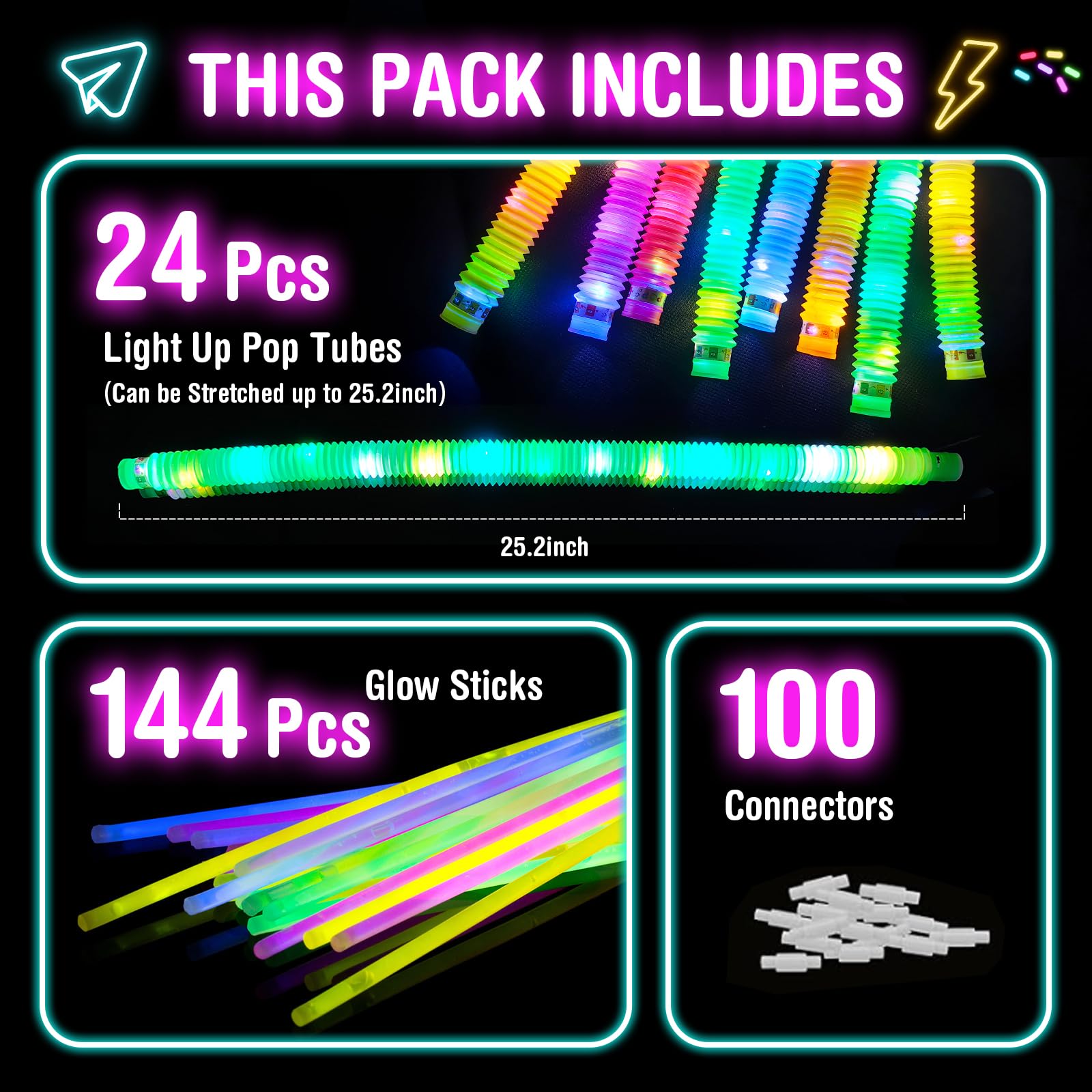 Snapklik.com : 168Pcs LED Glow Sticks Pop Tubes Pack - Light Up Party ...