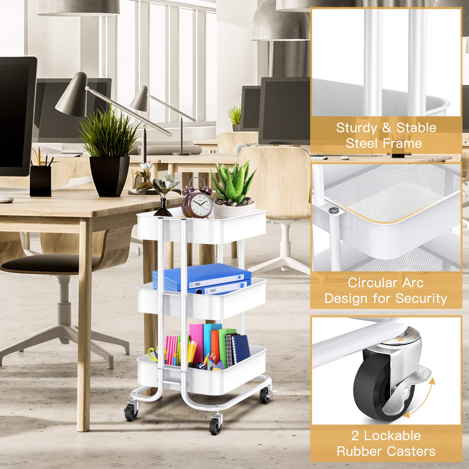 Pipishell 3-Tier Metal Rolling Utility Cart, Heavy-Duty Storage Cart ...