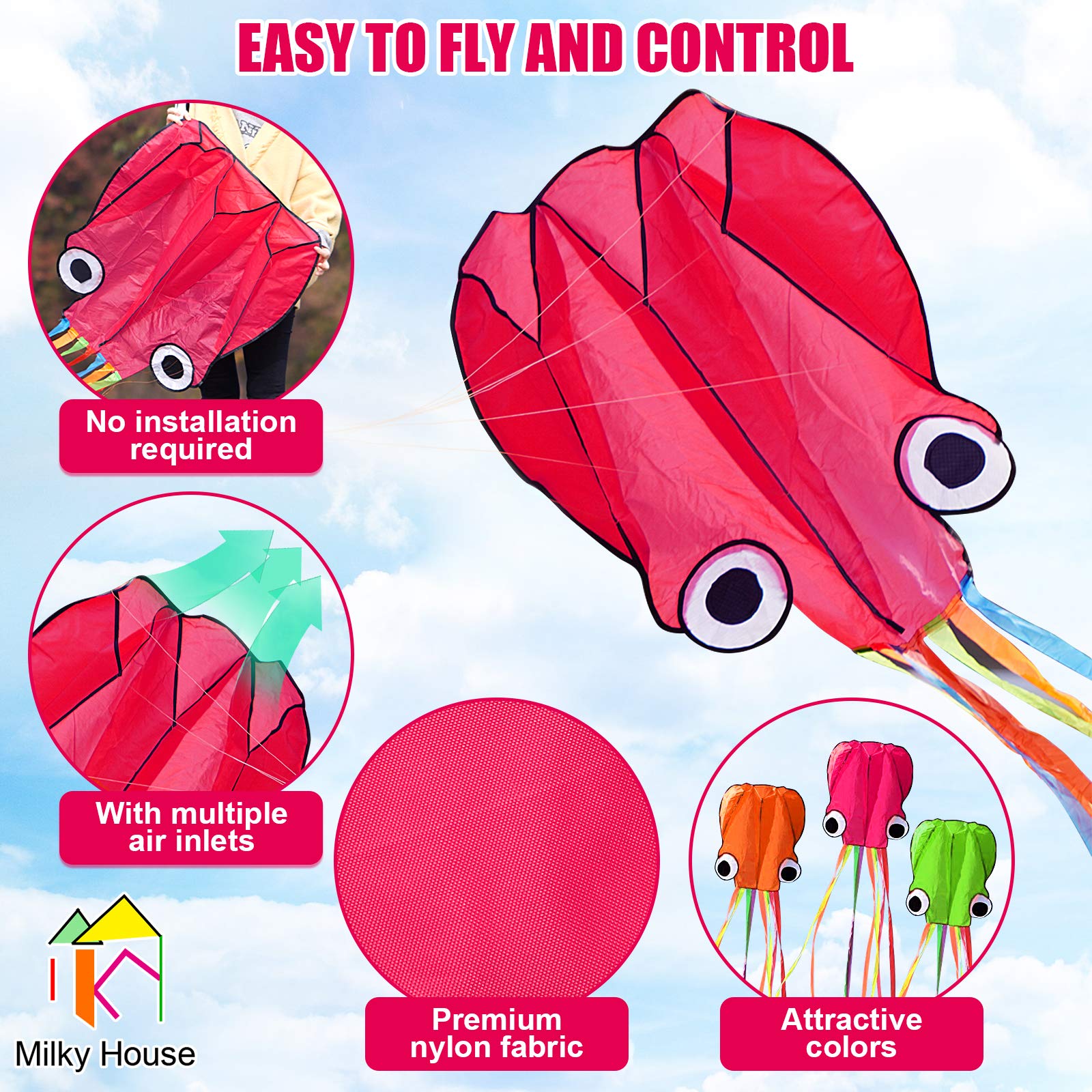 Large Easy Fly Kites Octopus Kite 3-Pack - Huge 158-inch Long Tail ...