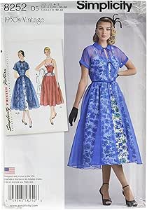 Amazon.com: Simplicity 8252 1950's Vintage Redingote and Party Dress ...