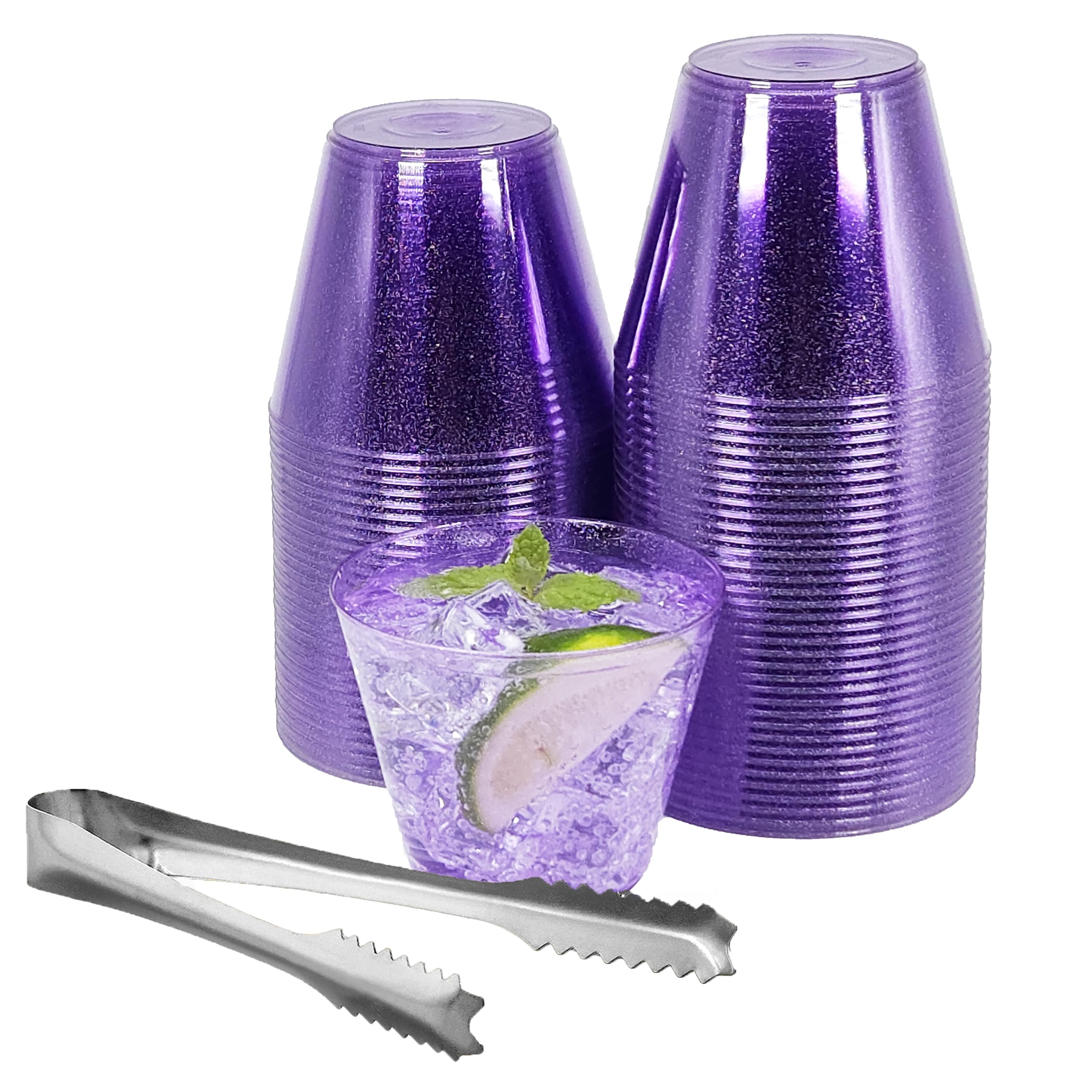 Amazon.com: 100 Purple Glitter Plastic Cups and 1 Silver Ice Tong Set ...