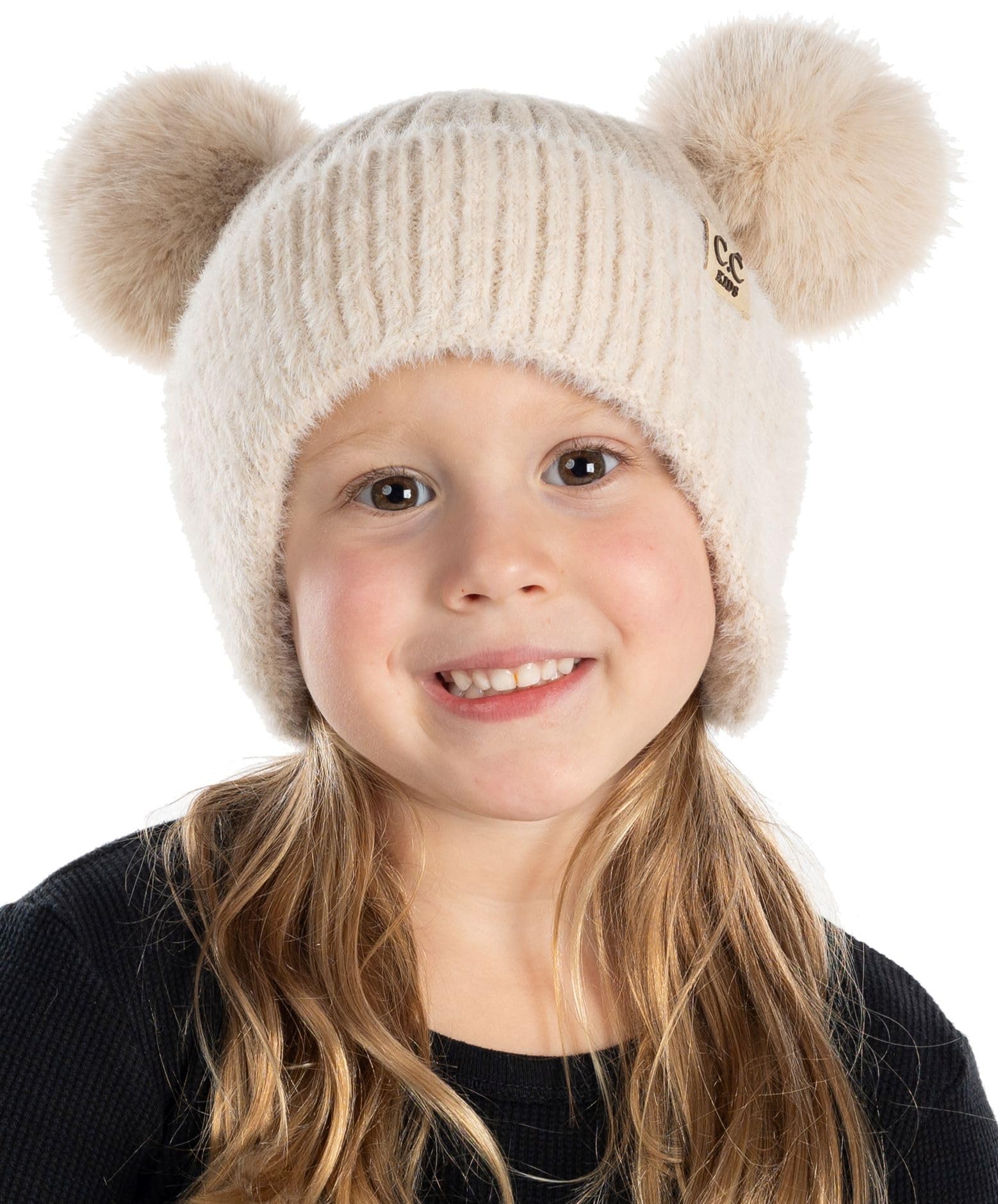 Amazon.com: Funky Junque Kids Double Pom Pom Beanie with Earflaps Cute Warm Ribbed Knit Faux Fur ...