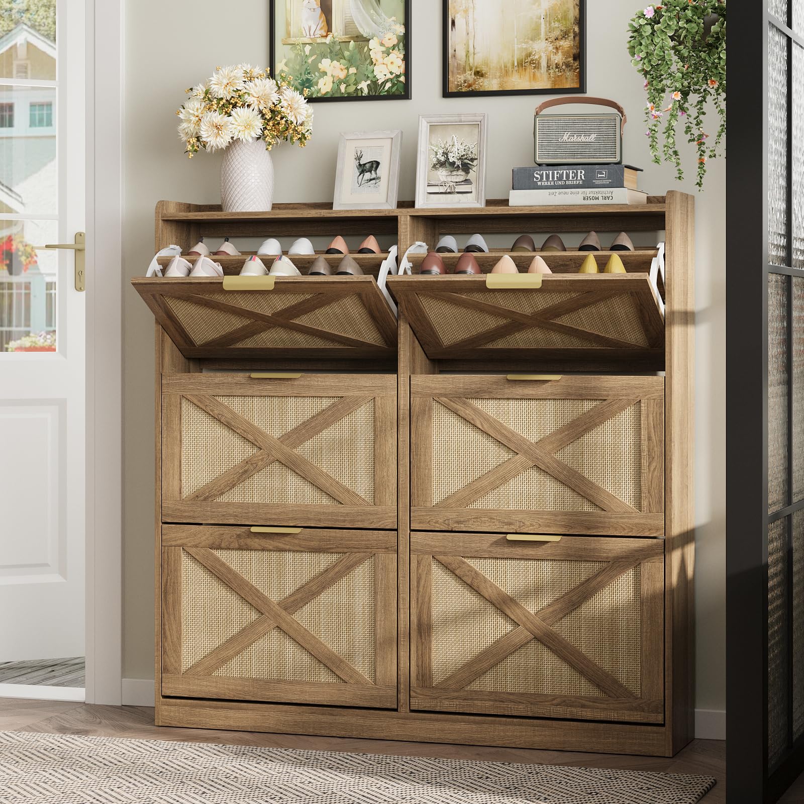 Amazon.com: Maupvit Large Shoe Storage Cabinet with 6 Rattan Flip ...