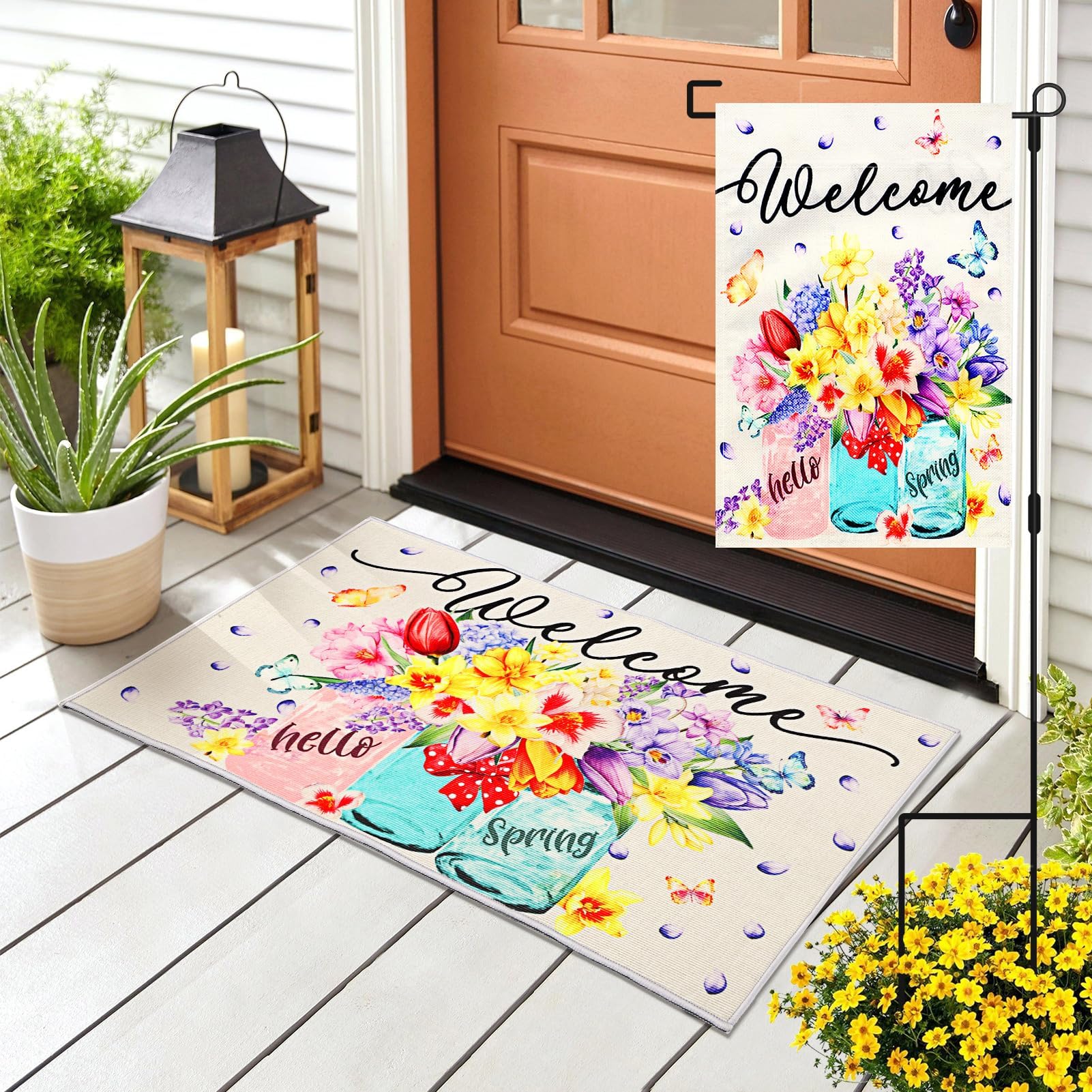 Amazon.com: Hoemwarm Welcome Floral Doormat Set Outdoor Hello Spring ...