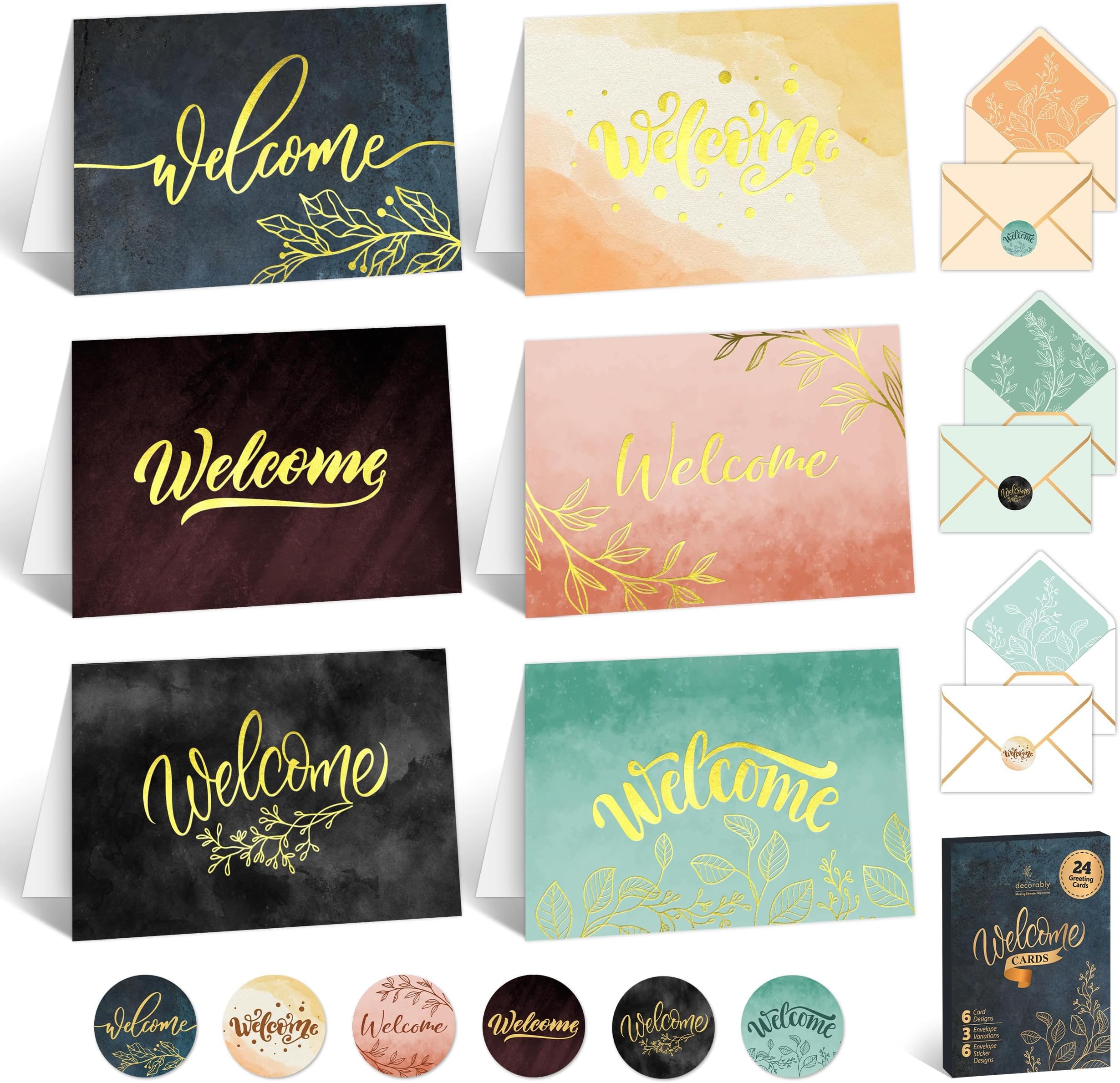 Decorably 24 Pack Gold-Foiled 6x4in Welcome Cards with Envelopes and ...