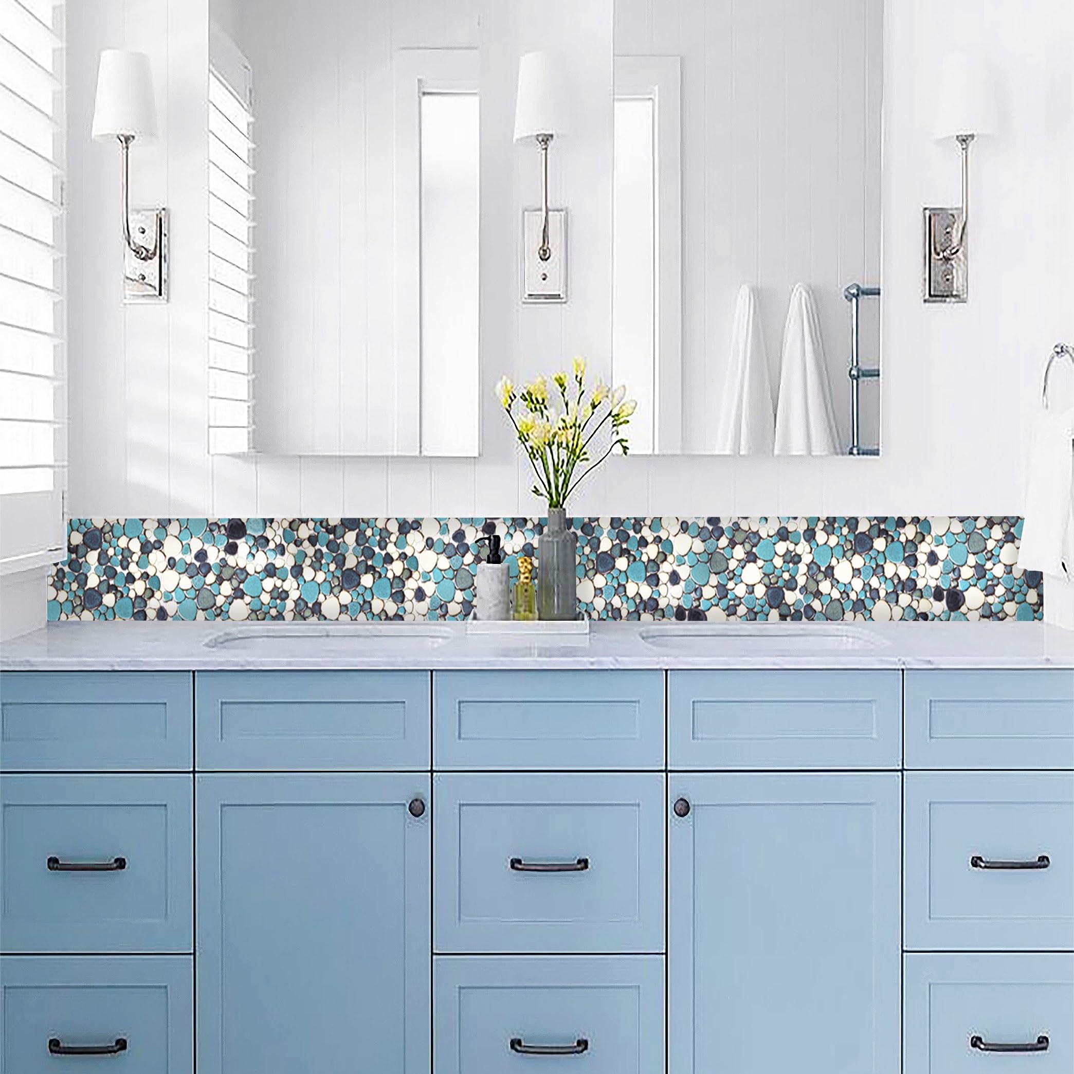 Primoon Interlocking Pebble Tiles 5 Sheets, Aqua Teal Blue Mosaic Tiles ...