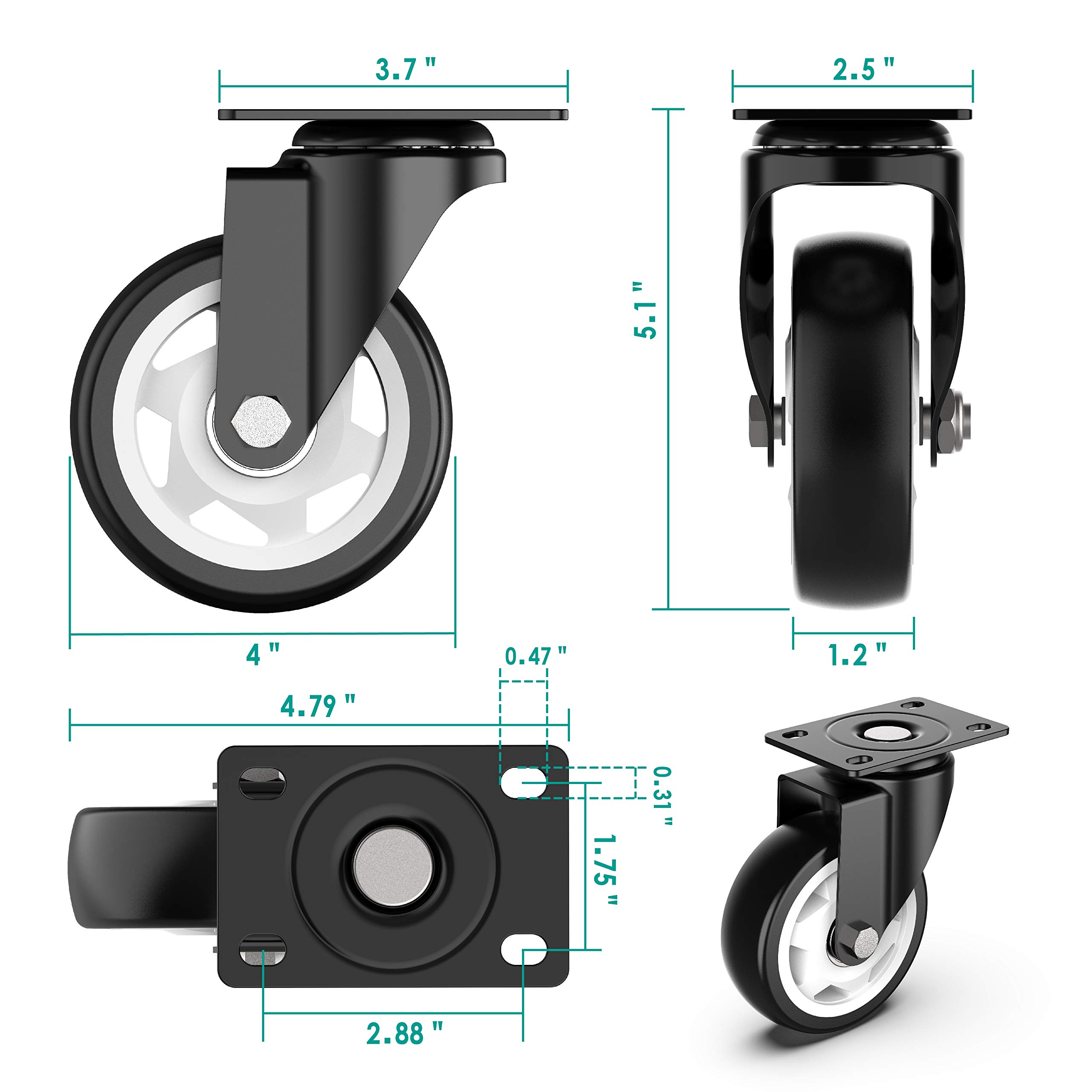 Snapklik.com : 4 Inch Caster Wheels Heavy Duty Swivel Casters