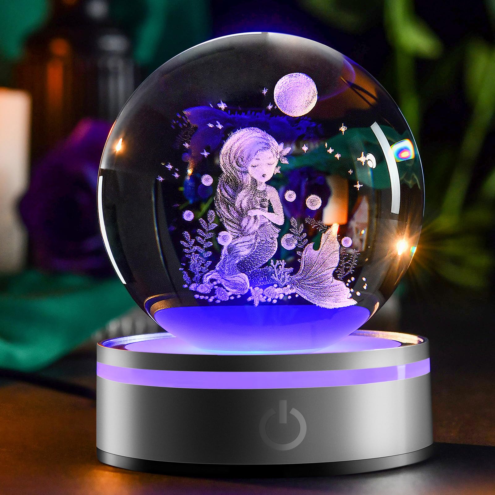 IFOLAINA Mermaid Crystal Ball with Lighted Base Laser Engraved Glass ...