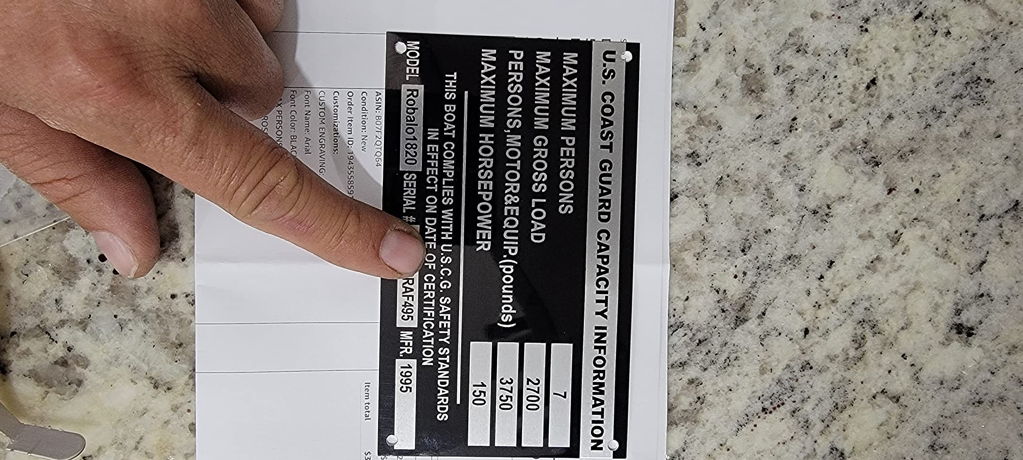 Amazon.com: Custom Aluminum Boat Capacity & Data Plate Black : Sports ...