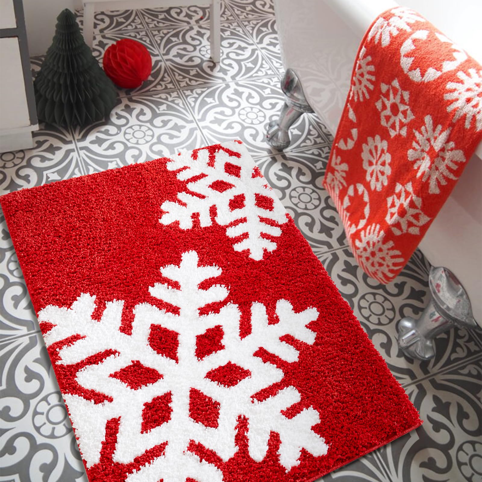 Amazon.com: Estmy Red White Snowflake Christmas Bathroom Rugs 20’’W x ...