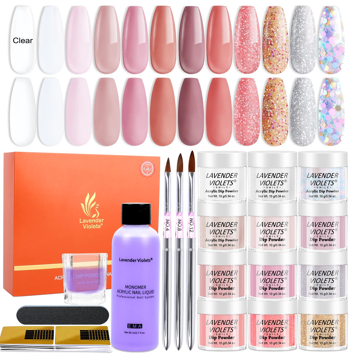 Lavender Violets Acrylic Powder and Liquid Set 12 Colours Clear Nude ...