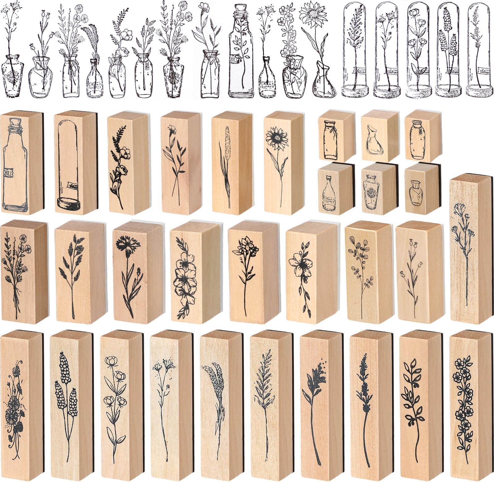 Amazon.com: 12 Pieces Vintage Wooden Flower Stamp Rubber Plant ...