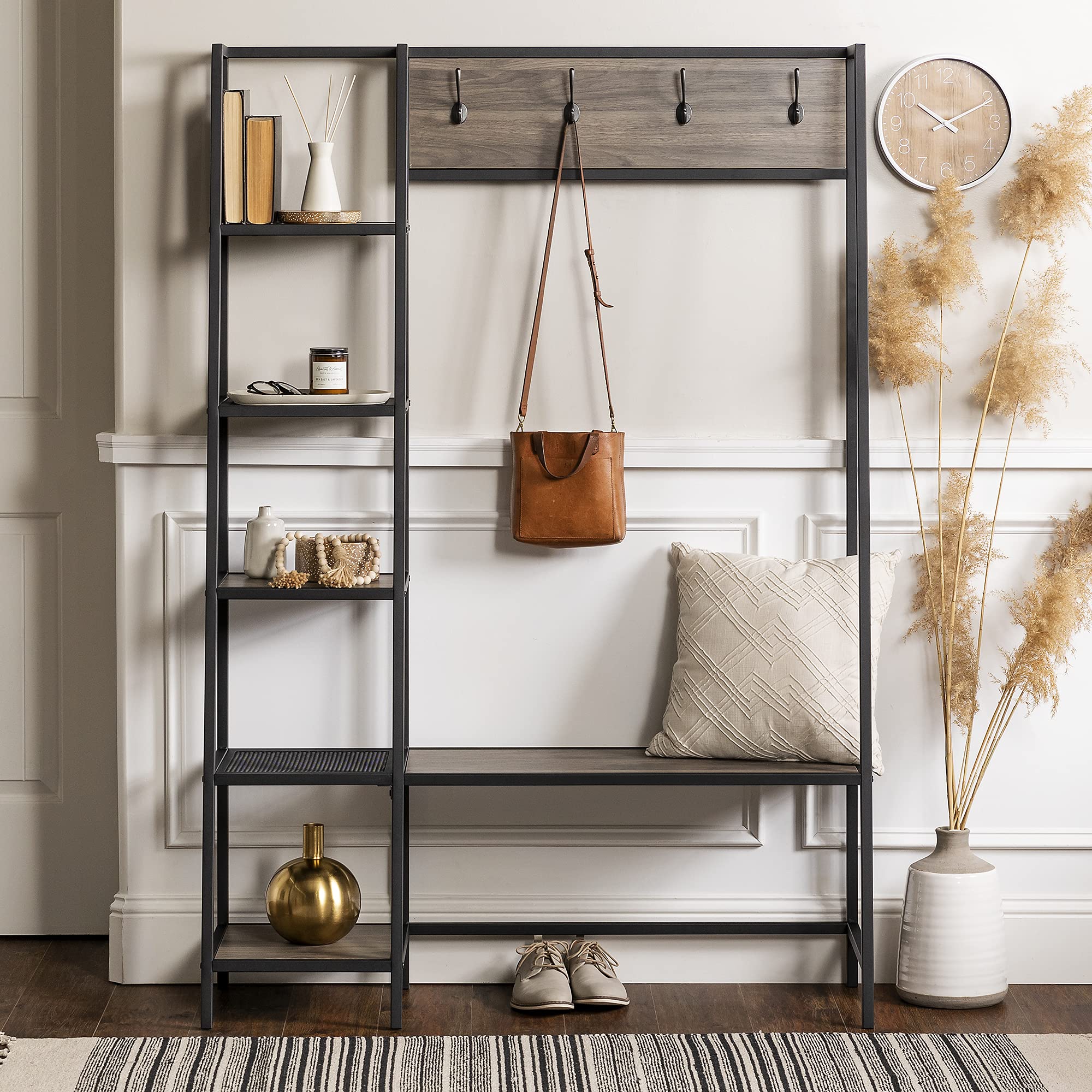 Walker Edison 5 Shelf Entryway Bench Hall Tree Coat Rack Shoe Storage ...