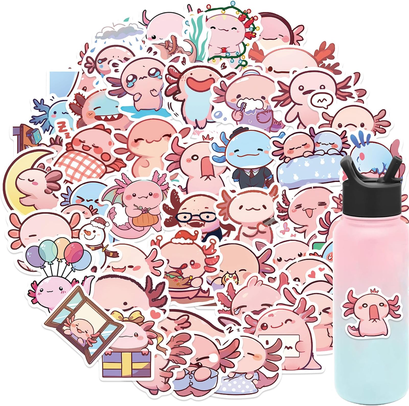 Amazon.com: 100 PCS Axolotl Stickers Kawaii Pink Animal Stickers Cute ...