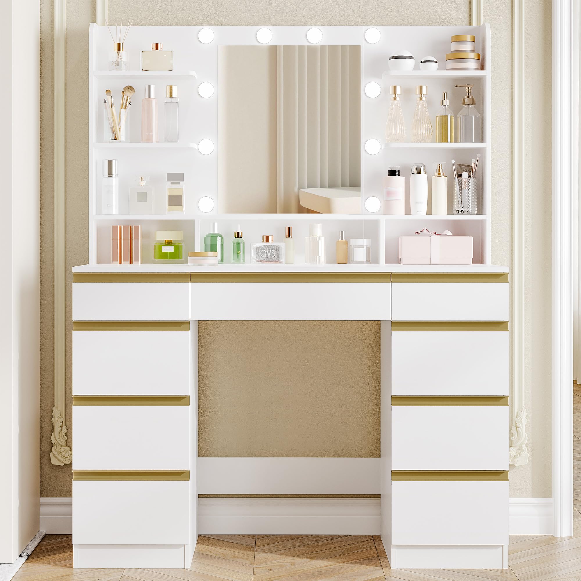 Hzuaneri Coiffeuse avec 10 Globes Lumineux LED, 3 Couleurs, Luminosité ...