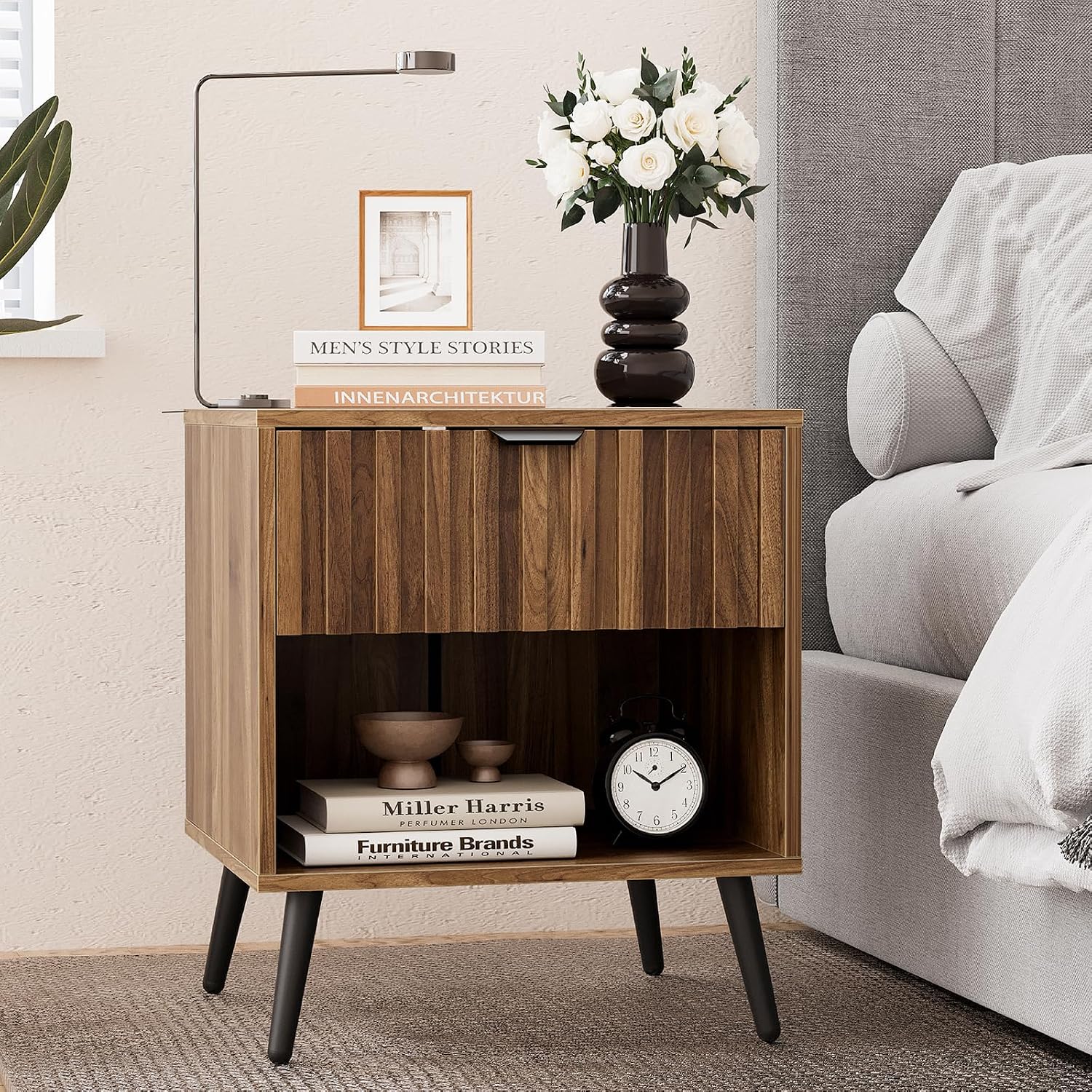 Amazon.com: Smuxee Walnut Wooden Night Stand, Mid Century Nightstand ...