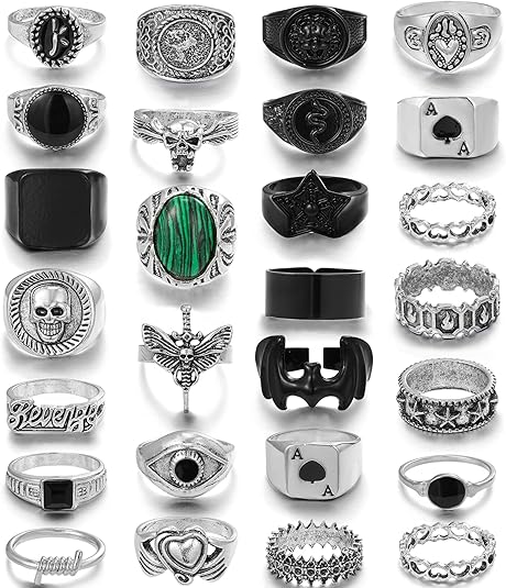 YANJINMY 27 Pcs Vintage Silver Punk Rings for Men Cool Gothic Chunky ...