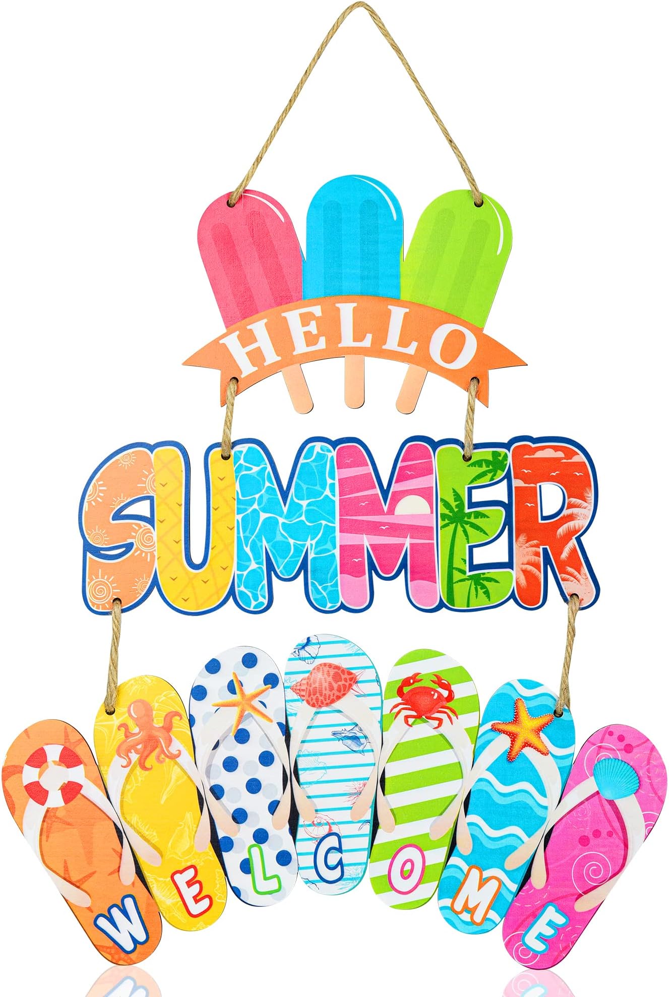 Amazon.com: Hello Summer Door Sign Beach Themed Wooden Door Hanger Flip ...