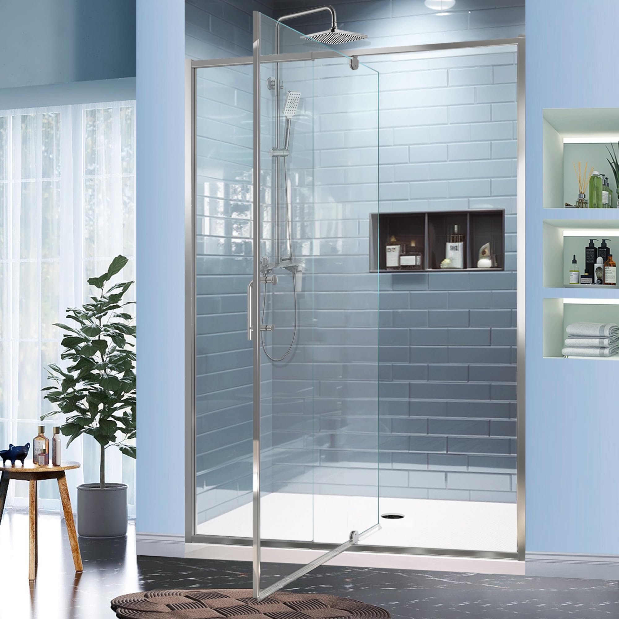 GroGro 50-54" W x 71" H Semi-Frameless Pivot Shower Door,Pivot Sliding Glass Shower Door with 1/ ...