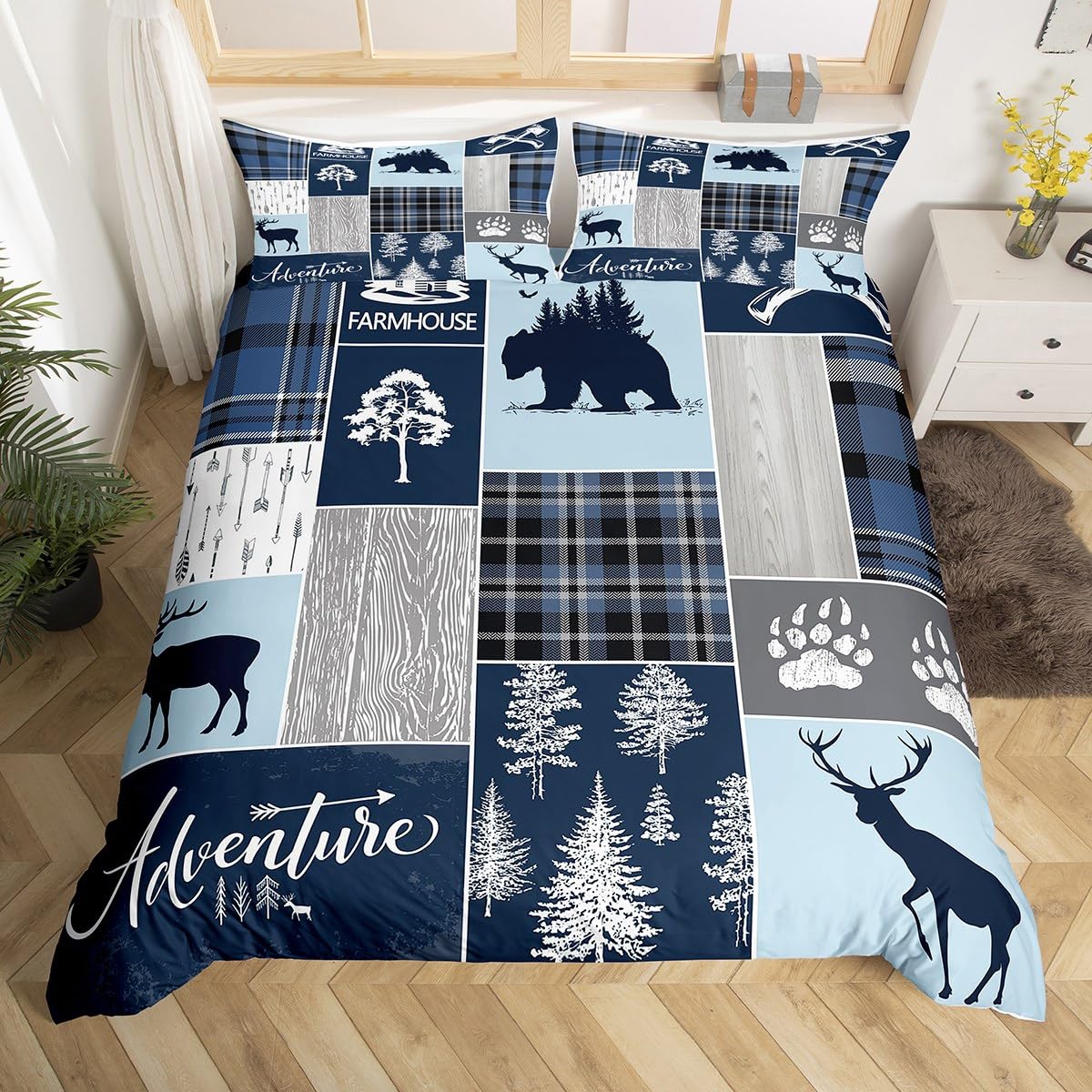 Amazon.com: Hunting Bear Deer Comforter Cover, Buffalo Plaid Duvet ...
