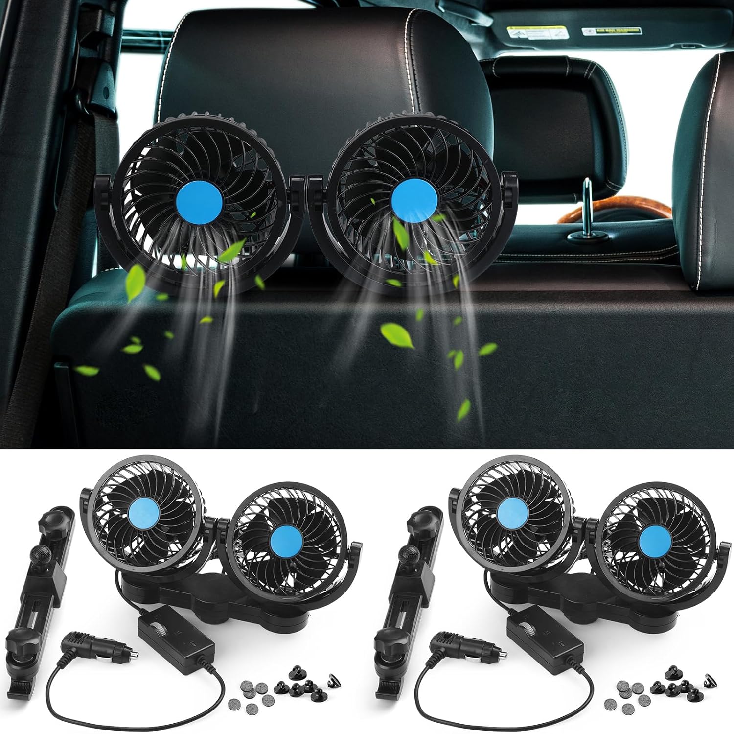 Amazon.com: Tujoe 2 Pcs Dual Head Car Fan 12V Low Noise Car Seat Fan ...