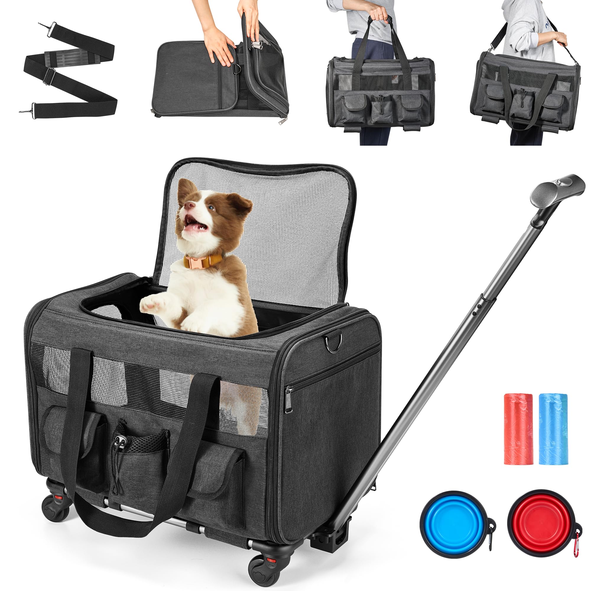 Cat Carrier with Wheels, Tuykay Rolling Pet Carrier with Detachable ...