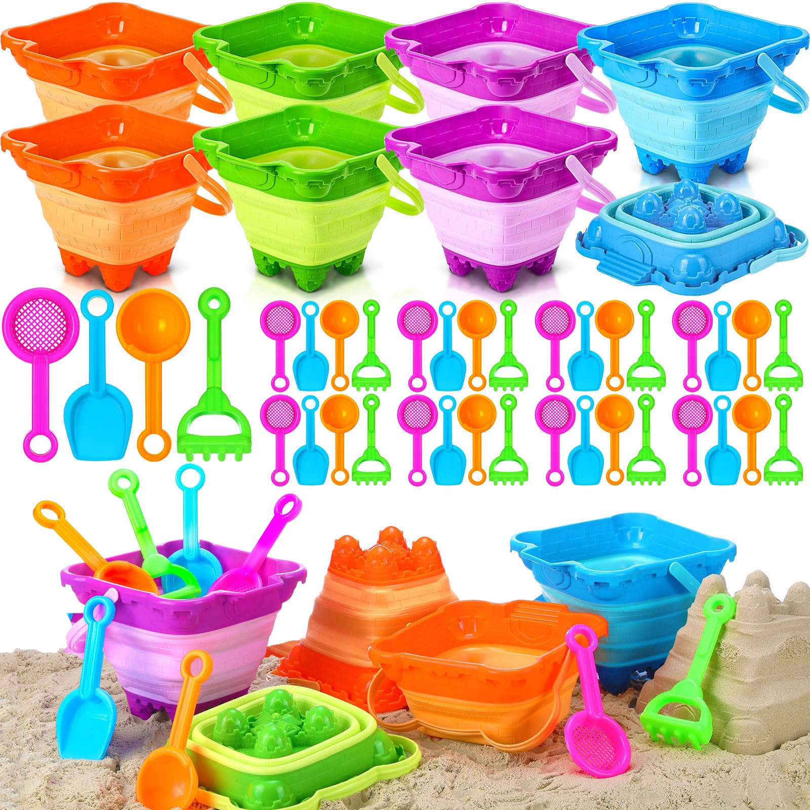 Realspring 40 Pcs Beach Toys Set Include 8 Collapsible Beach Bucket ...