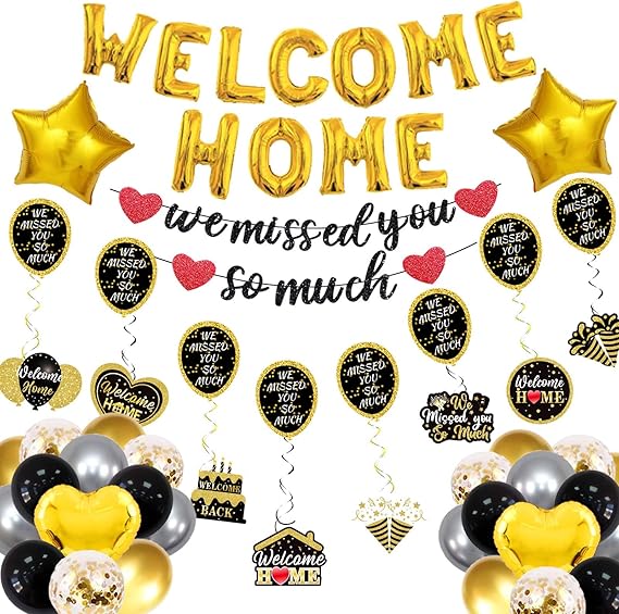Amazon.com: Hombae Gold Black Welcome Home Themed Party Decorations: Balloon Hanging Swirl We ...