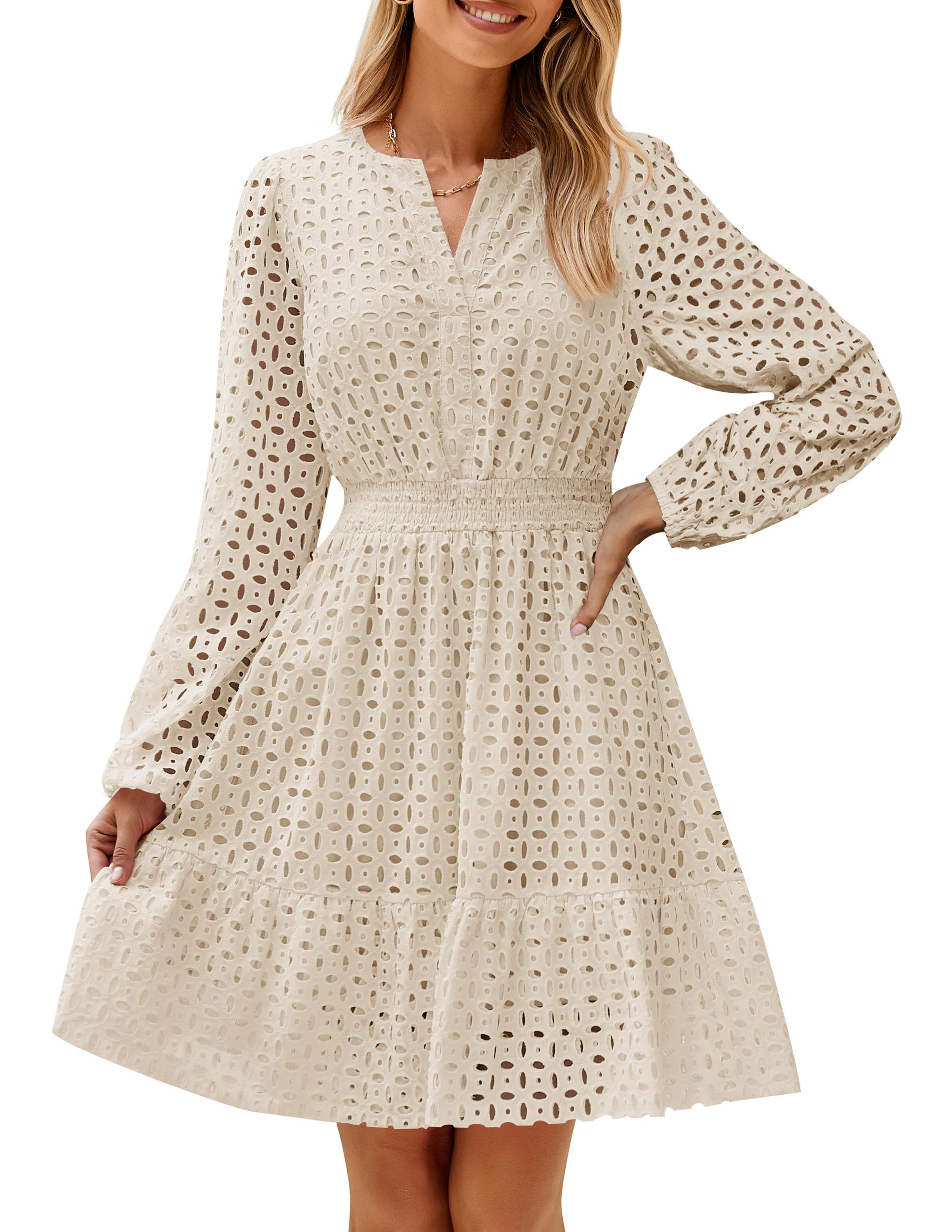 ZESICA Women's Long Sleeve Mini Dress Spring V Neck Hollow Out Eyelet ...