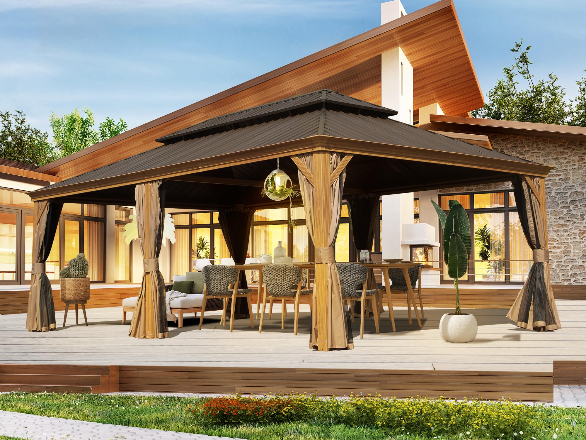 Domi 14x24FT Hardtop Gazebo, Permanent Wood Grain Metal Gazebo with ...