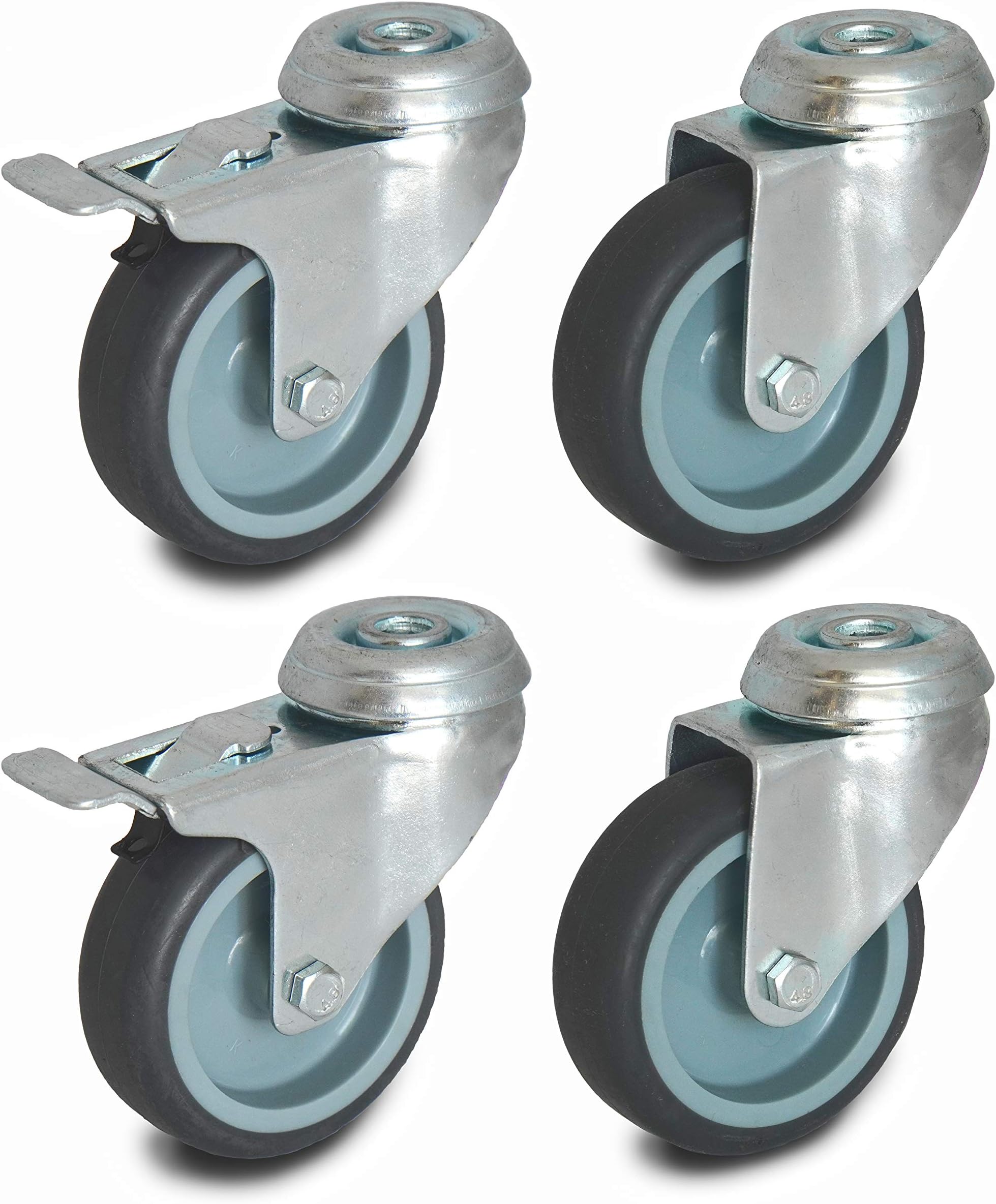 75mm Set of 4 Swivel Castors with Single Bolt Hole Fixing (TPR Rubber ...