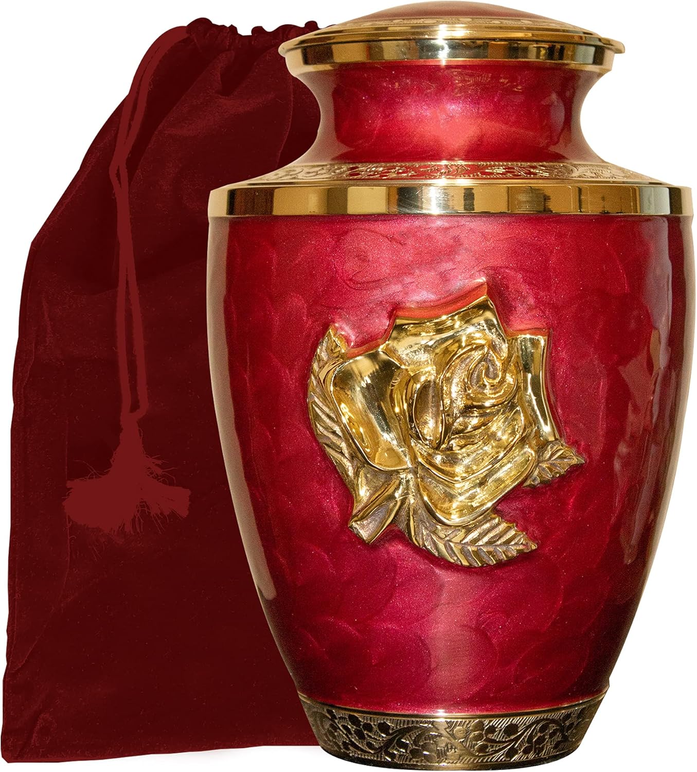 Amazon.com: Red Rose Large Brass Funeral Cremation Urn with Velvet Bag ...