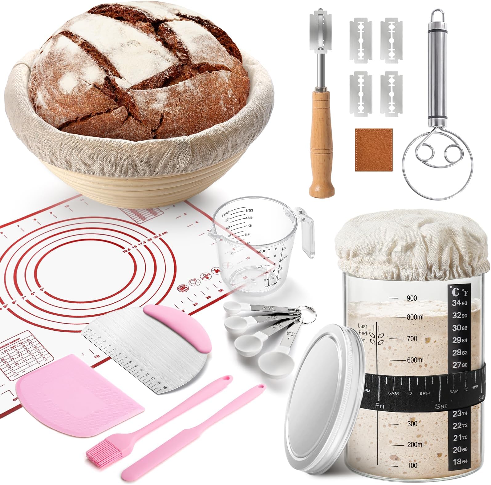 Amazon.com: KRUVIG Sourdough Proofing Basket (Round 9”) & Sour Dough Starter Jar Kit 34 oz (XL ...
